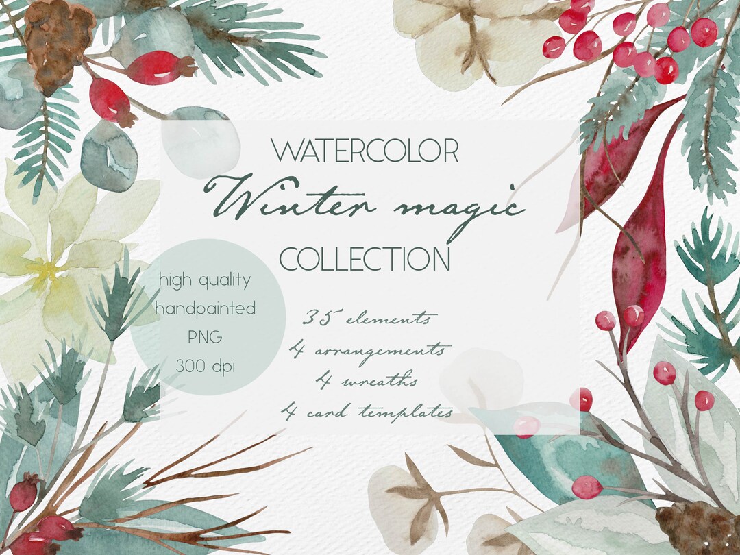 Watercolor Christmas Clipart, Winter Clipart, Holiday, Winter Greenery ...