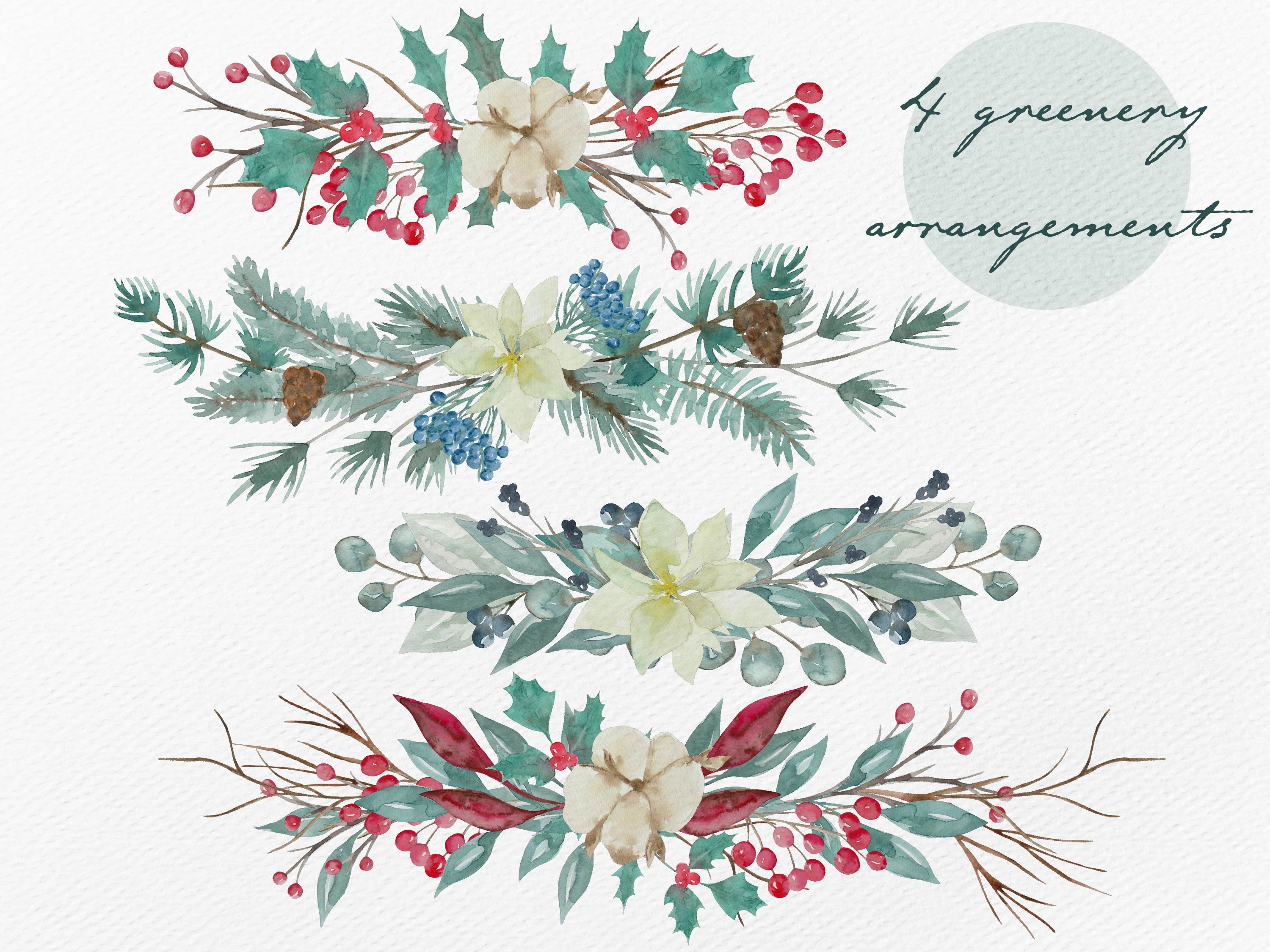 Watercolor Christmas Clipart, Winter Clipart, Holiday, Winter Greenery ...
