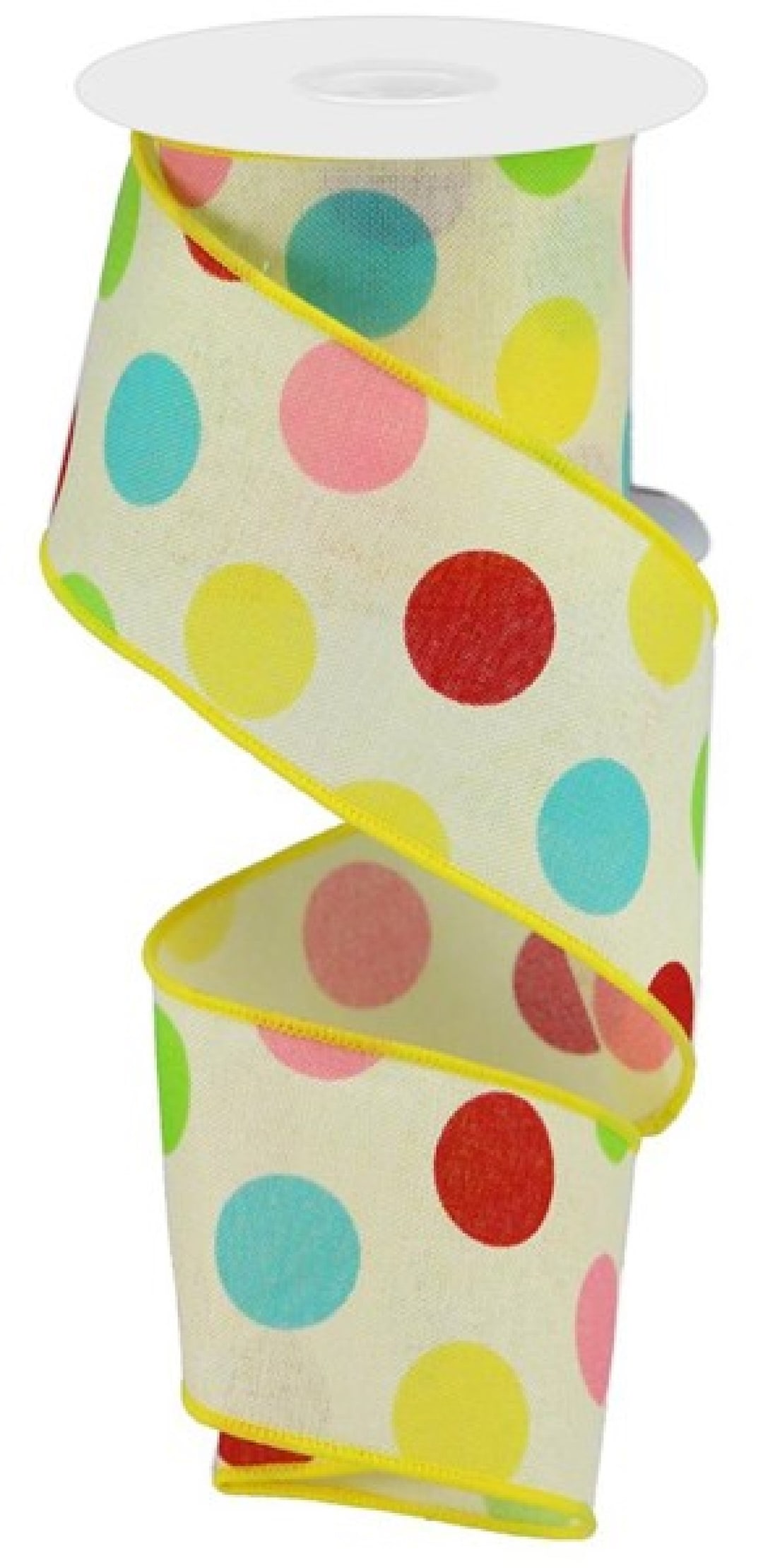 Pastel Multi Polka Dots on Cream Canvas Wired Edge Ribbon Roll 2.5" X ...