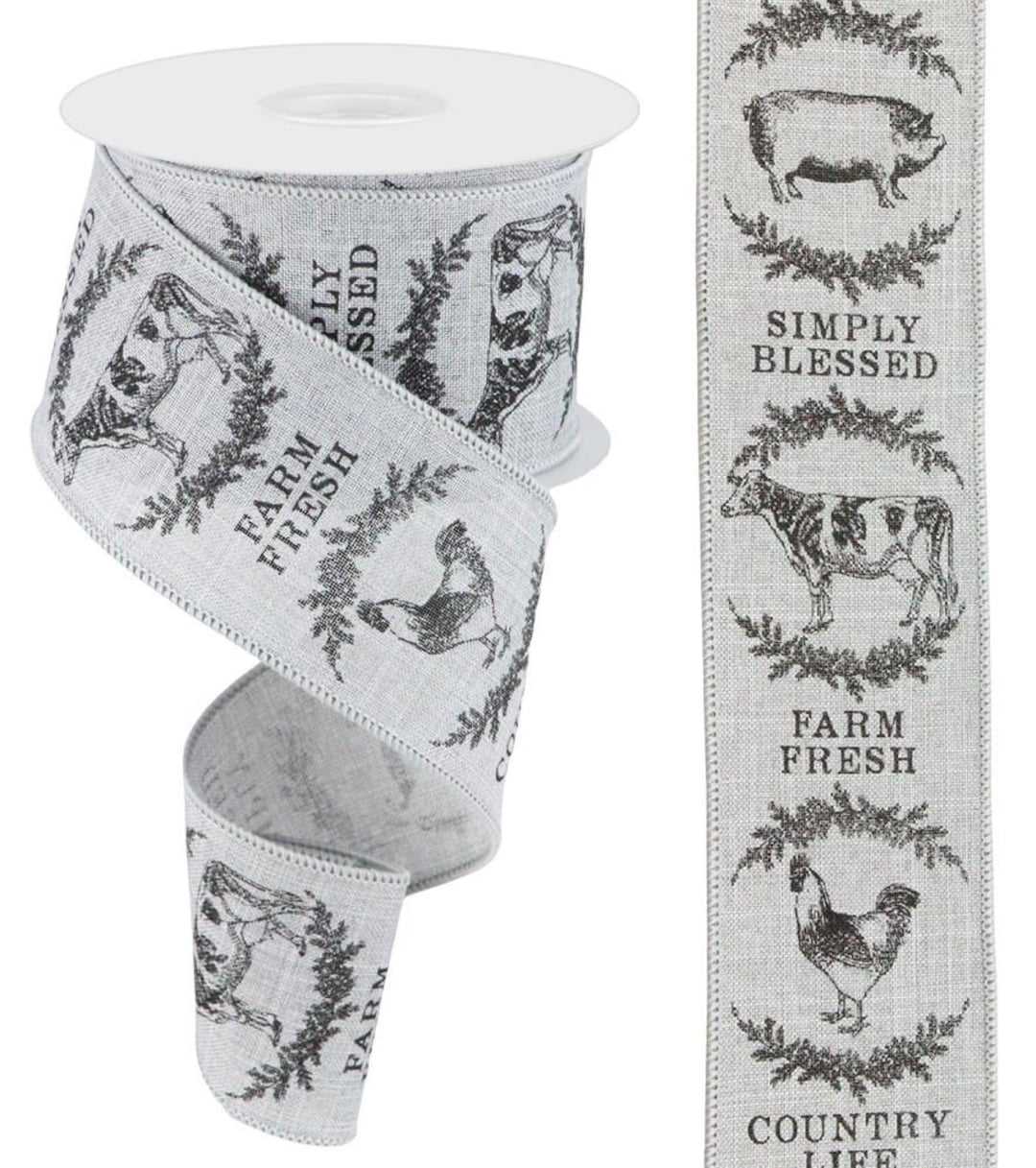 Country Living Farmhouse Animals Grey & Black Wired Edge Ribbon, 2.5" X ...