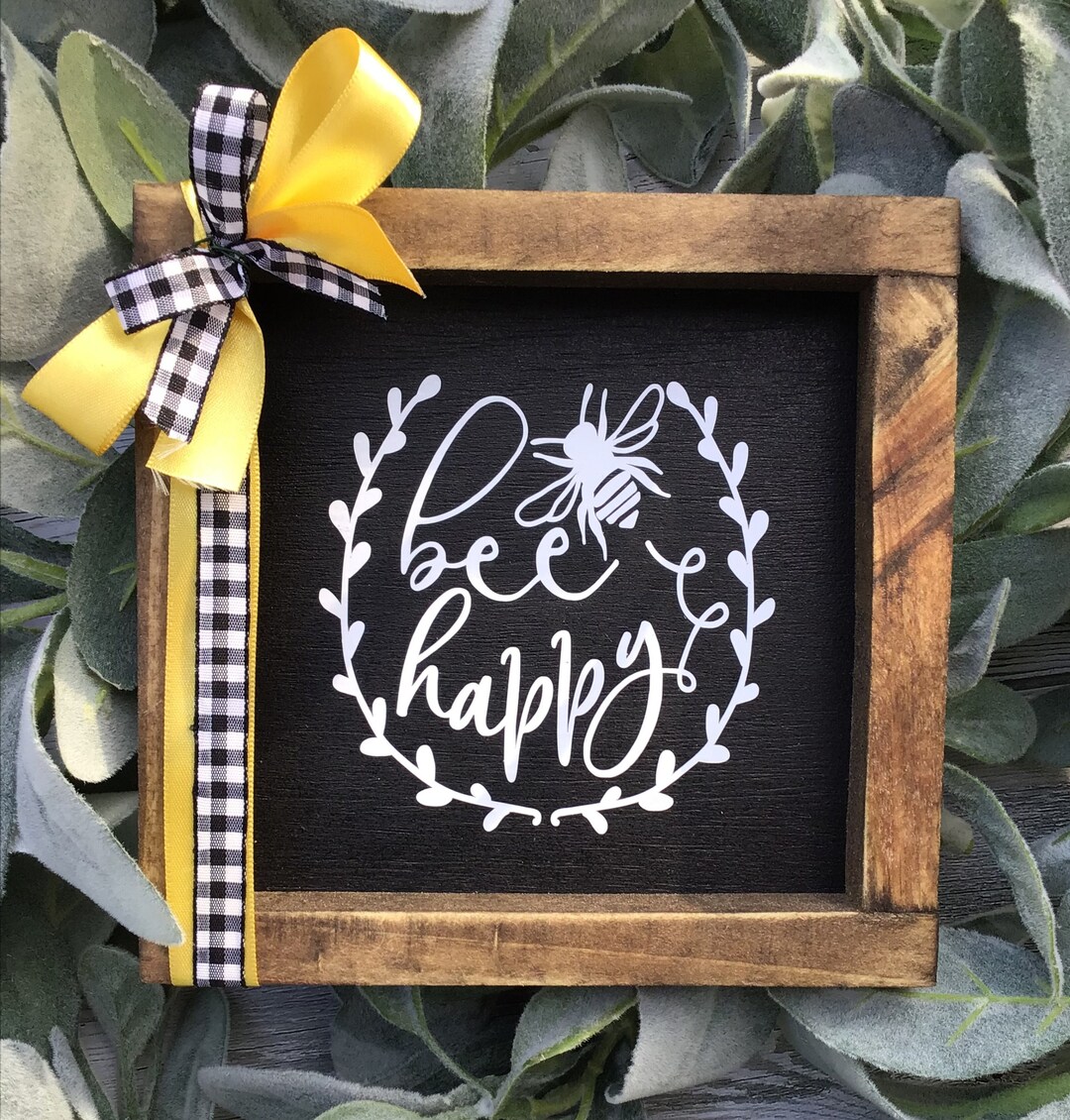 Bee Happy Handmade Wood Sign Farmhouse Style Tiered Tray Decor Summer ...