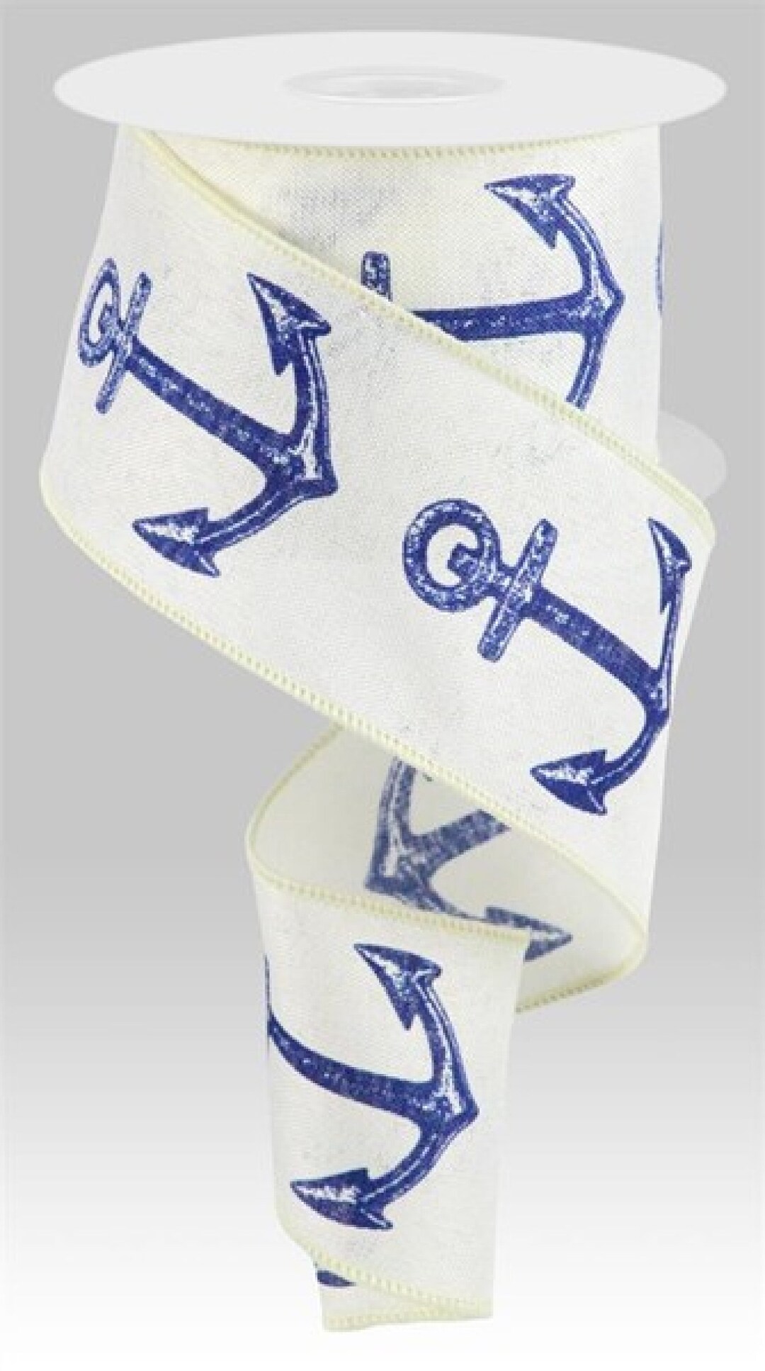 Nautical Anchor Blue & Ivory Wired Edge Ribbon, 2.5" X 10 YARD ROLL ...