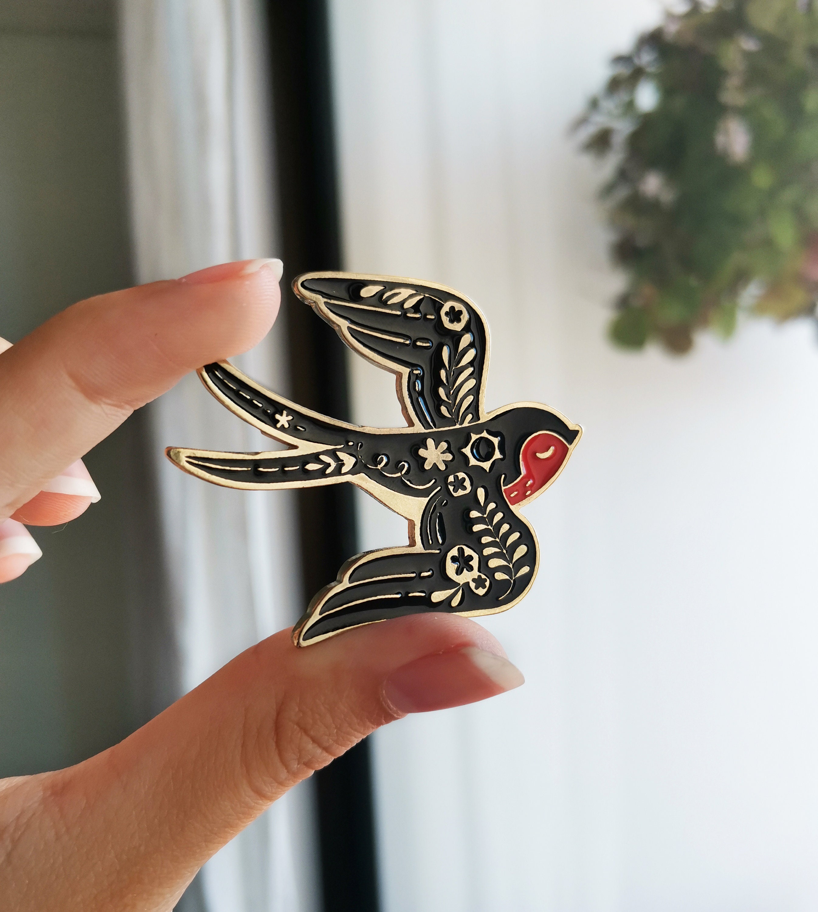 Swallow Enamel Pin Silver or Gold Version Black Bird | Etsy