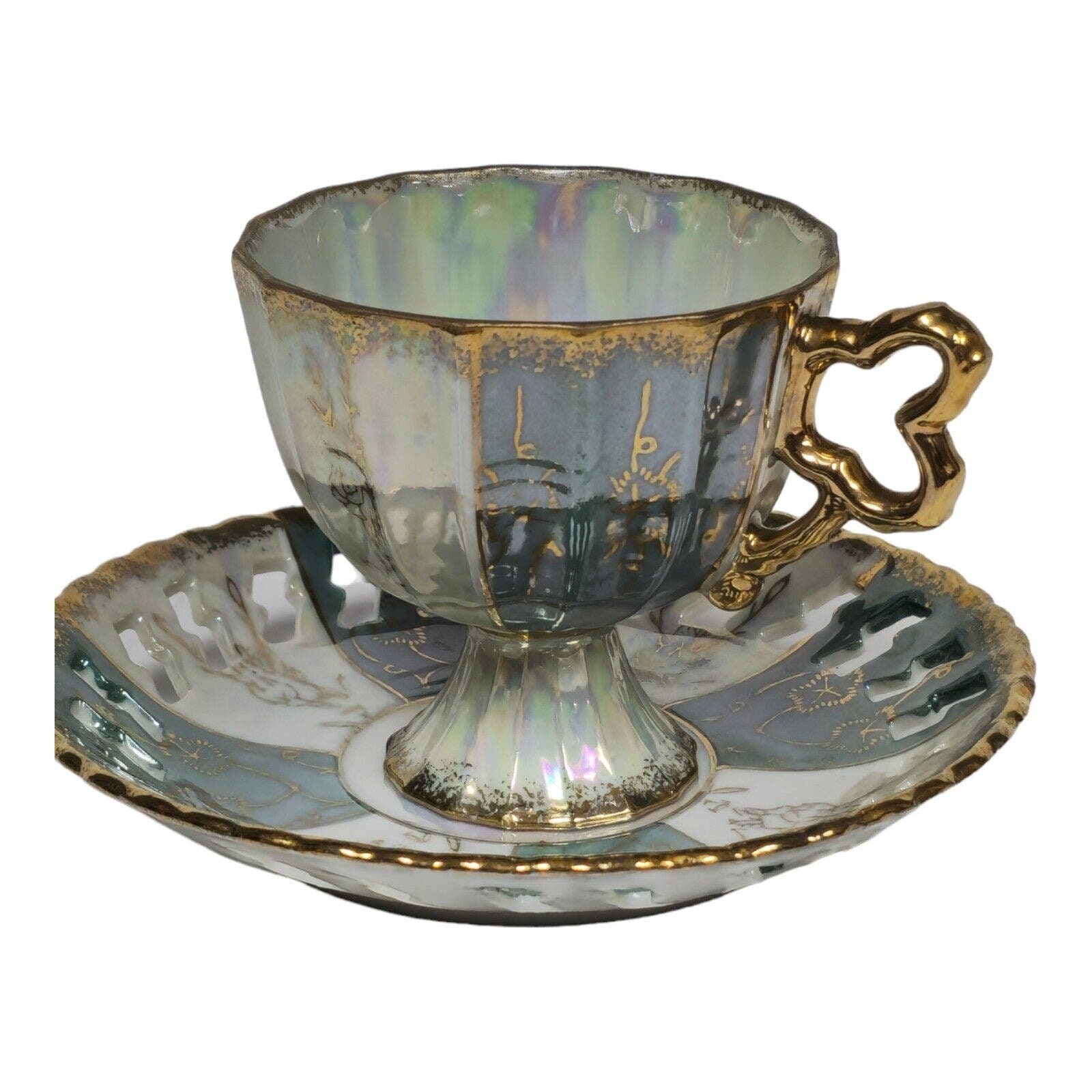 Vintage Japanese Lusterware Ornate Tea Cup & Reticulated Saucer Gold ...