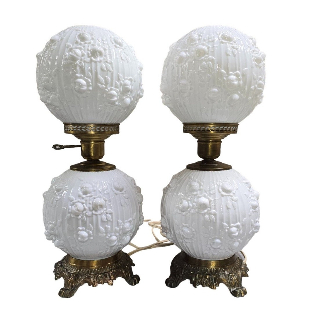 Vintage Fenton Cabbage Rose Milk Glass Hurricane Lamps Gone With the ...