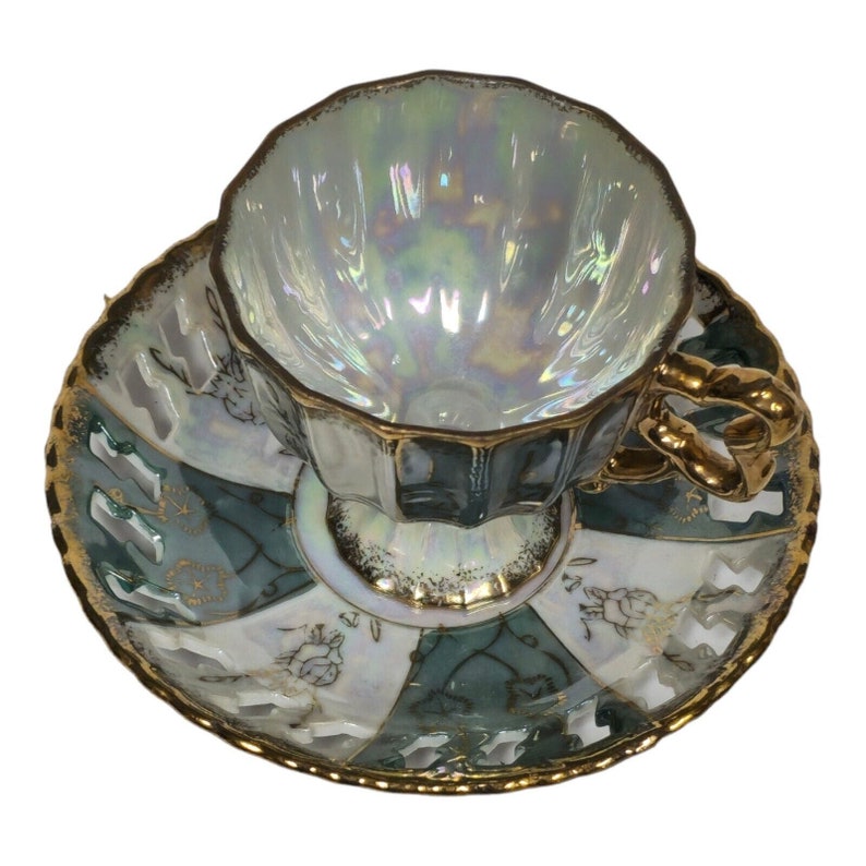 Vintage Japanese Lusterware Ornate Tea Cup & Reticulated Saucer Gold ...