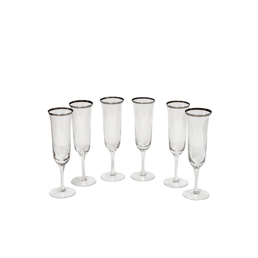 Vintage Fluted Champagne Glasses Silver Rimmed Set Of 6 Mid Century Modern Barware Etsy