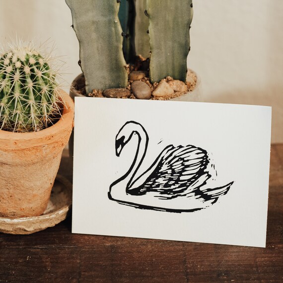 Swan Linocut Block Art Original Print | Etsy