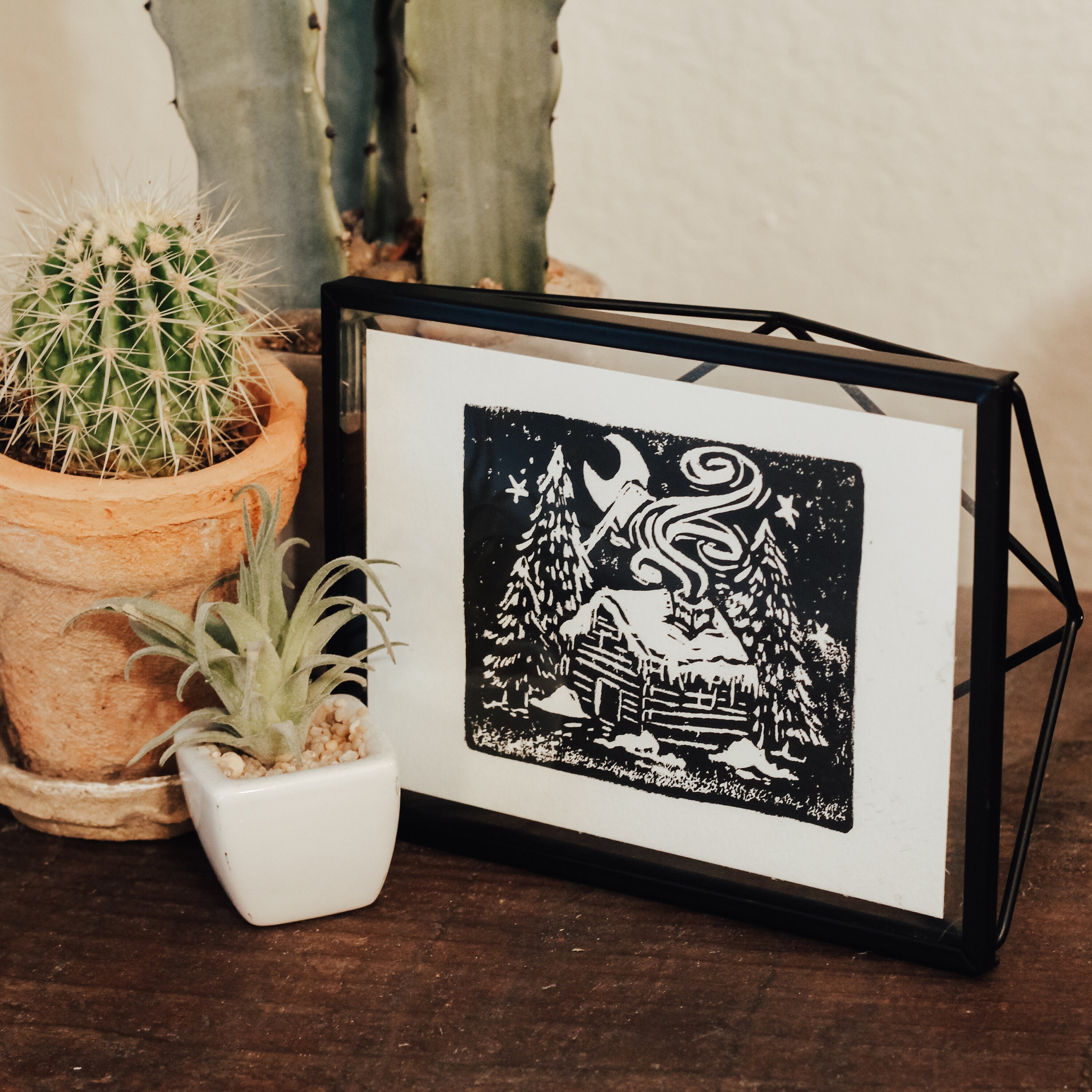 Cozy Winter Cabin Linocut Block Art Original Print - Etsy