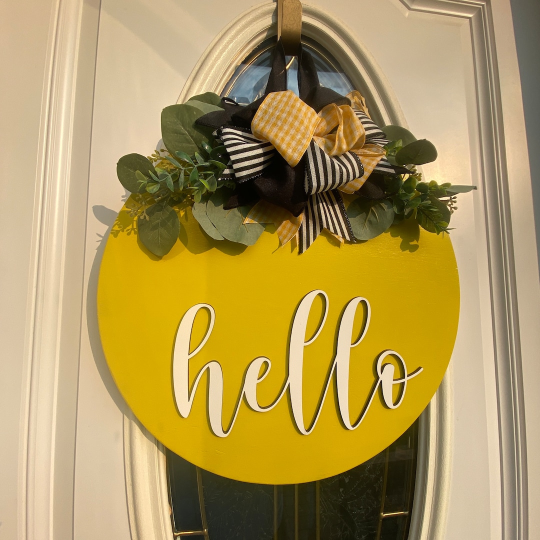 Hello Door Hanger, Yellow Hello Door Sign, Summer Hello Sign, Wooden ...