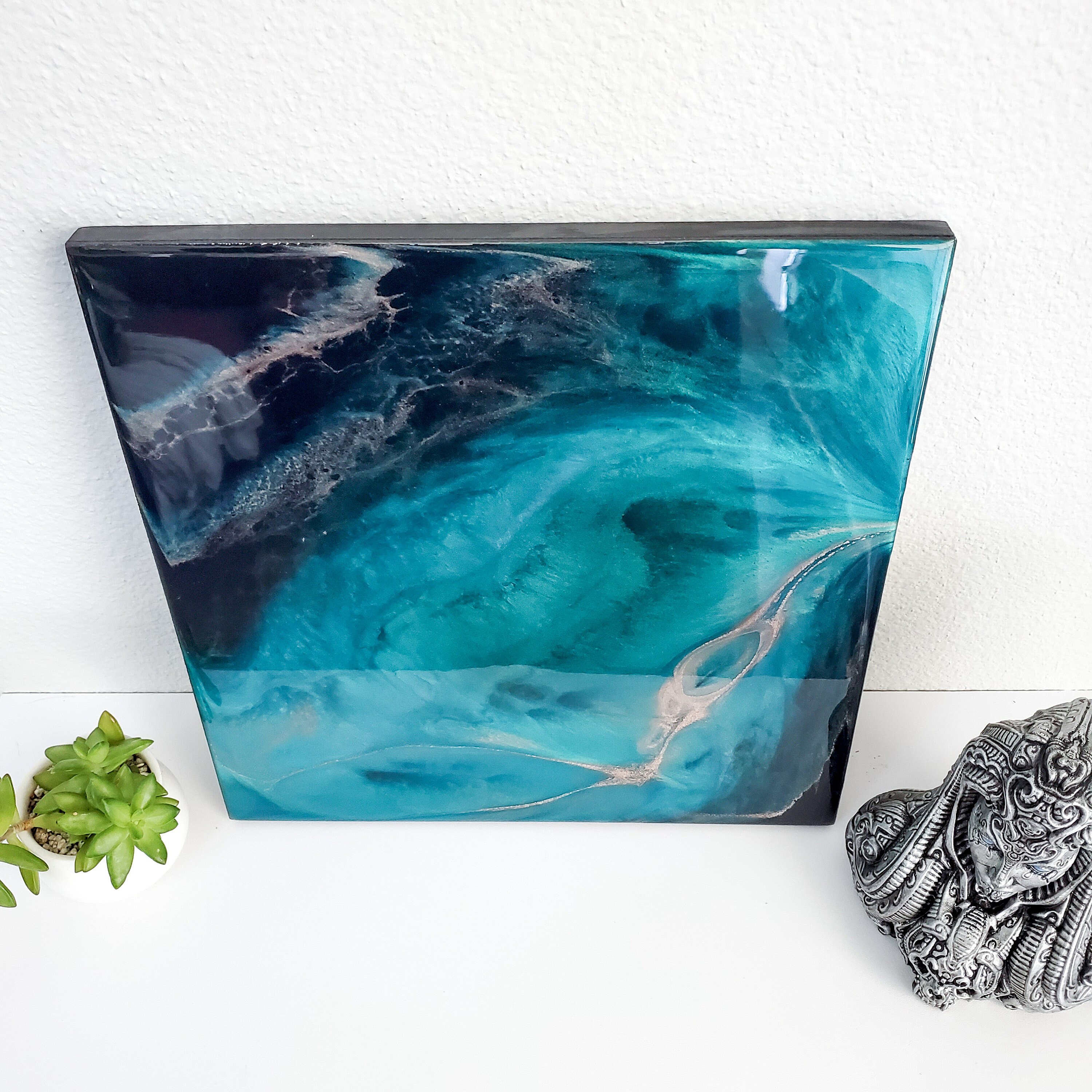 Resin Painting 12 Square Abstract Art Teal Dark Blue | Etsy