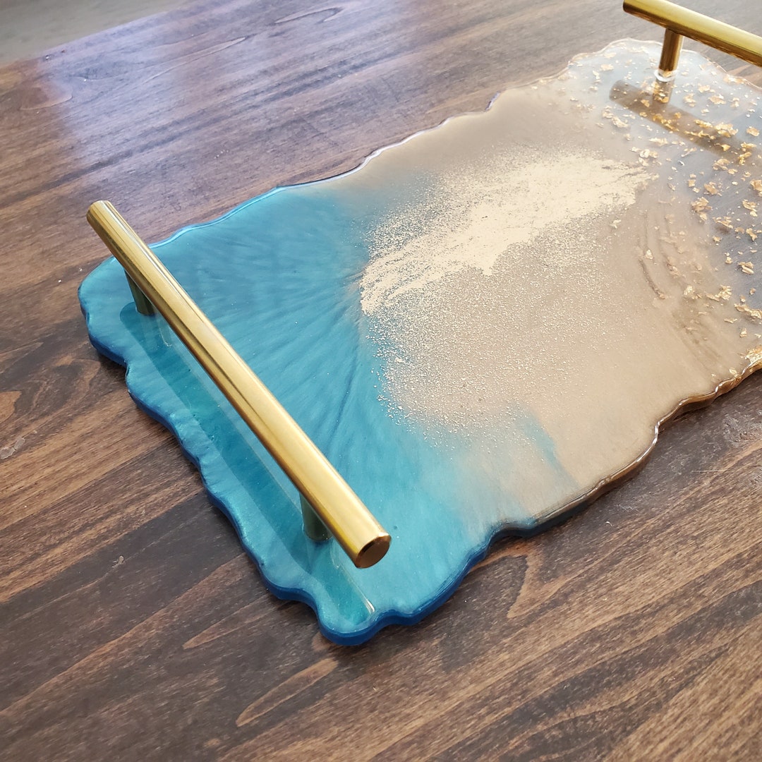 Solid Resin Tray, Resin Serving Tray, Blue/green Gold Gold Flake 14"x8 ...