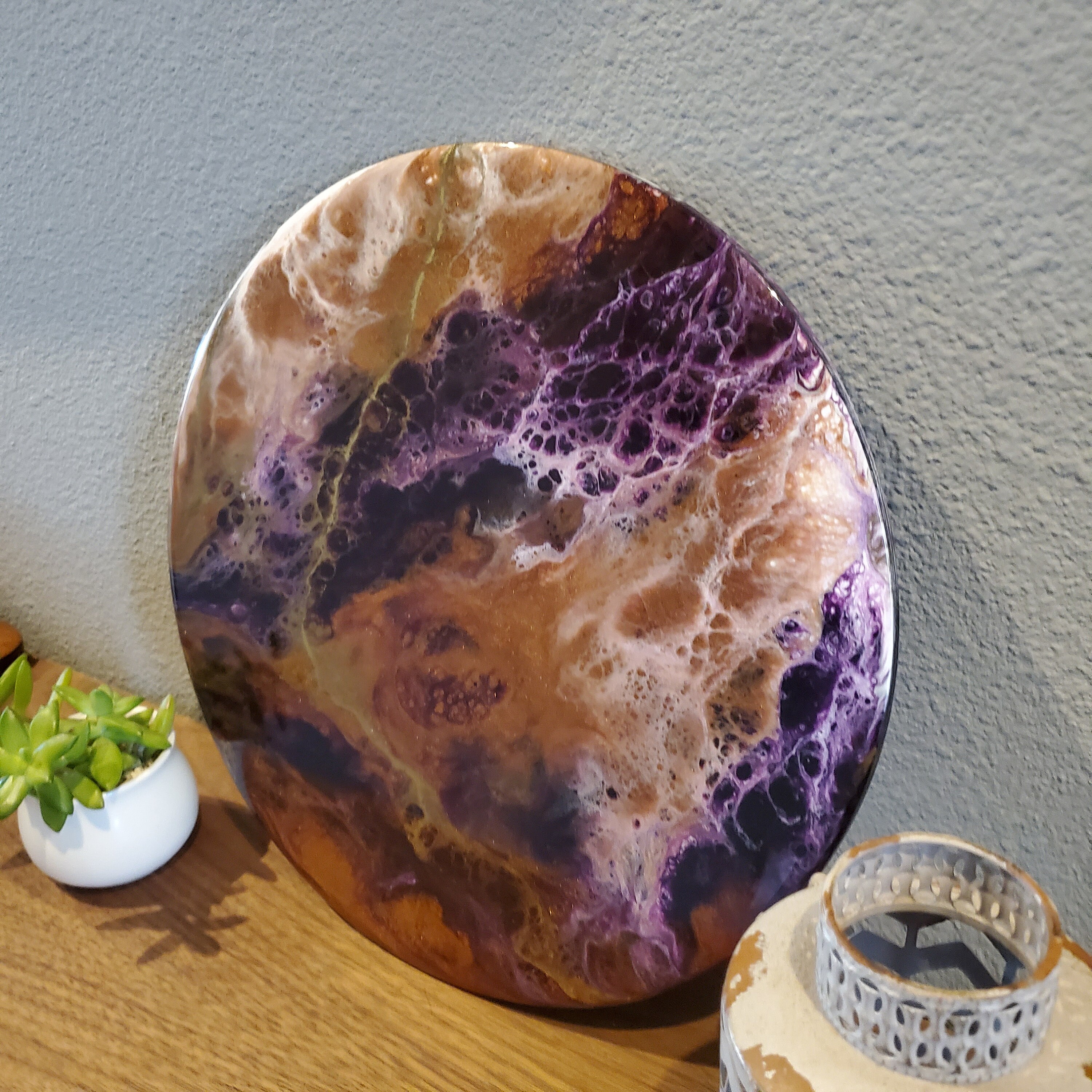 Resin Painting 12 Round Abstract Art Plum Copper Gold - Etsy