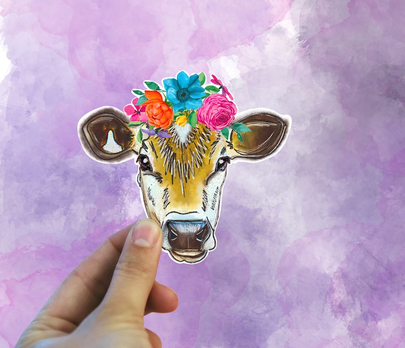 Floral Cow Sticker, Heifer Sticker, Cow Head Sticker, Flower Crown Cow ...