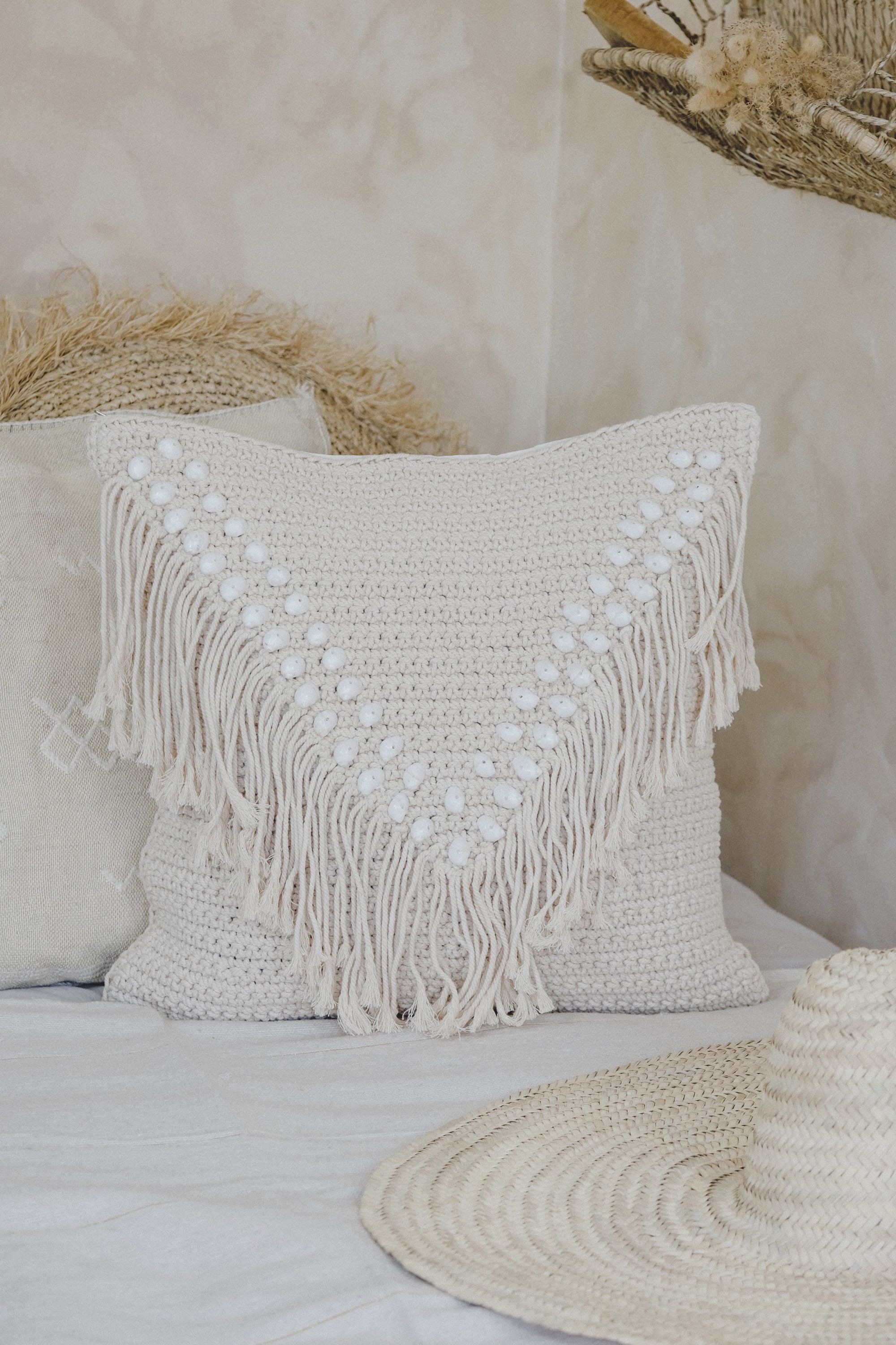 Boho Macrame Cushion Cover with Shells and Fringe | Etsy