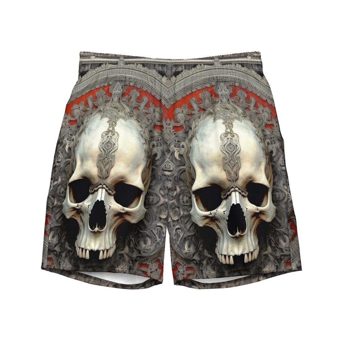 Gothic Skull Rococo Red Gray Men's Swim Trunks Baroque Momento Mori ...