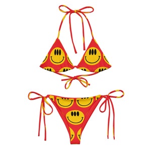 3 Eyed Smiley Face String Bikini Set All Over Print Fun Beachwear Raver ...