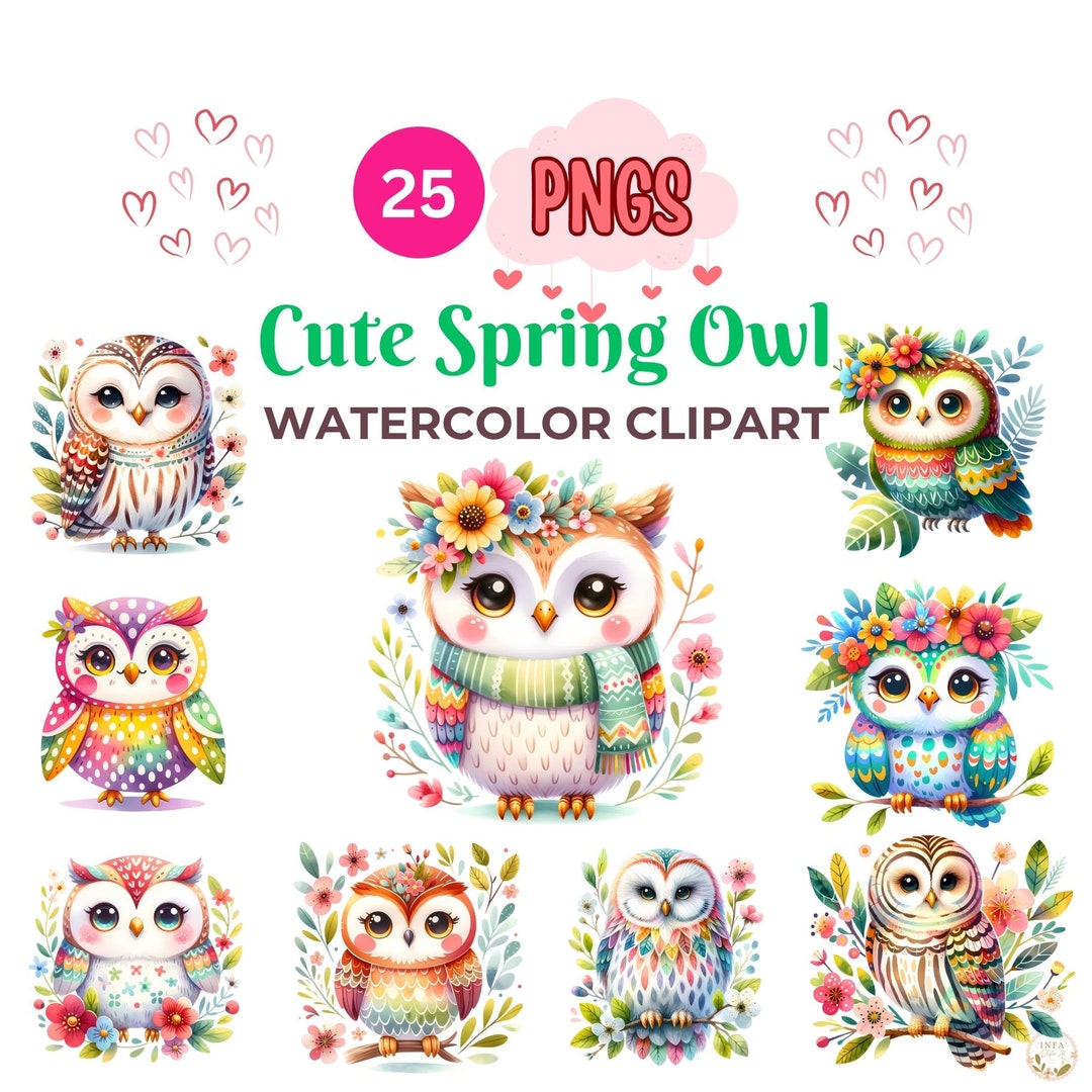 Cute Spring Owl in a Watercolor Clipart, 25 PNG Spring Owl Clipart ...