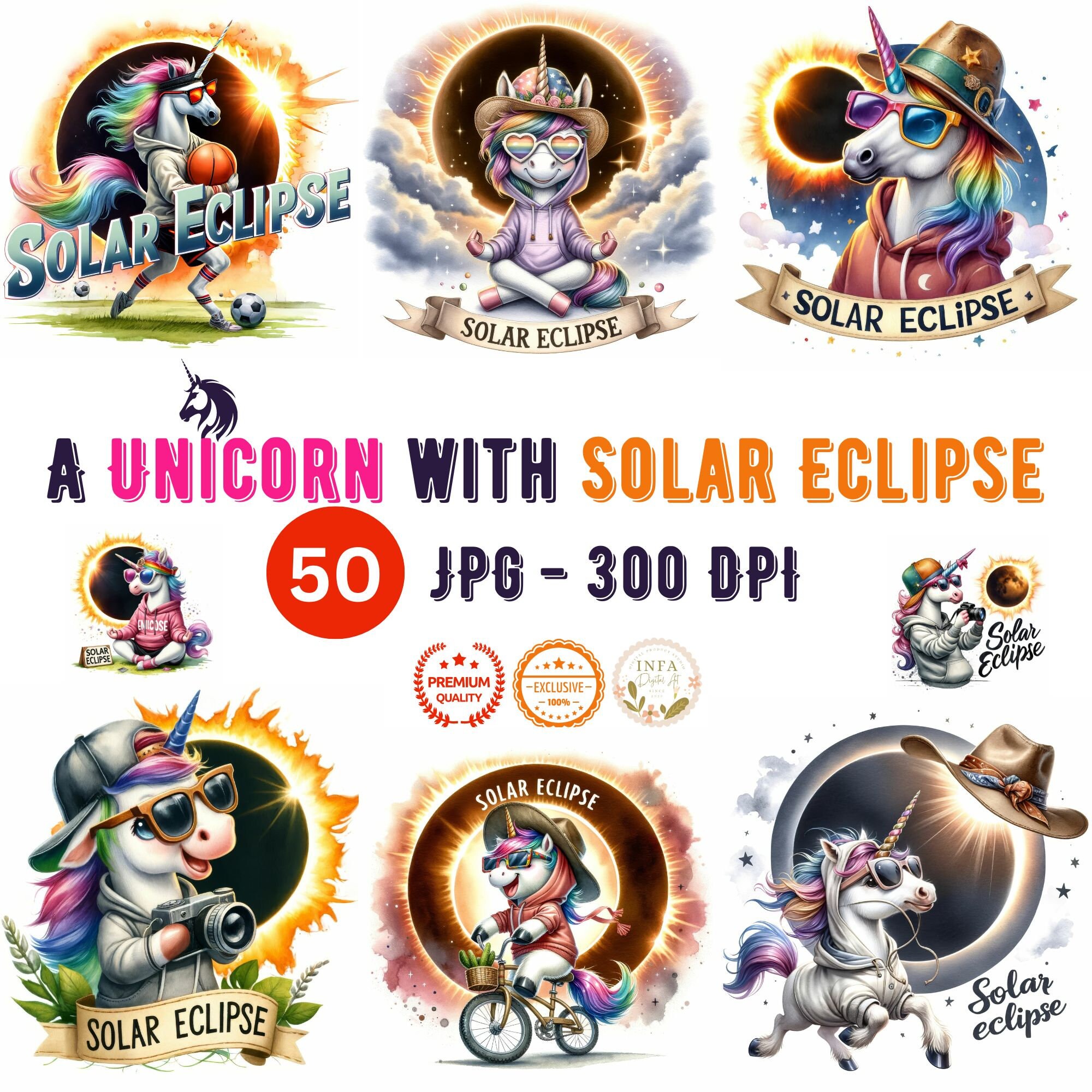 Unicorn Solar Eclipse Clipart: America Totality JPG Bundle (300 DPI) - Etsy