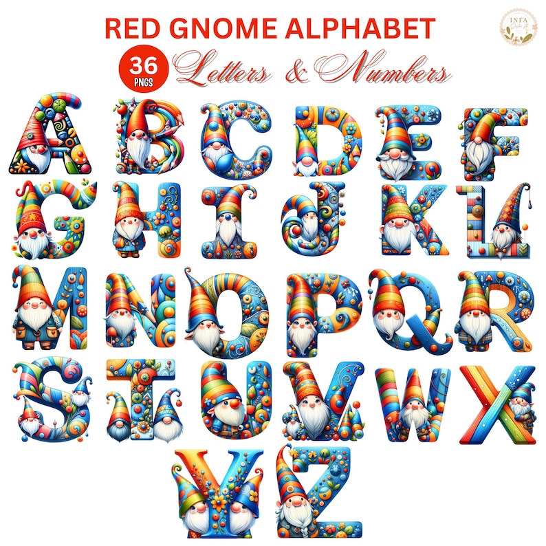 Red Gnome Alphabet and Number Watercolor Clipart, Letters & Numbers, A ...