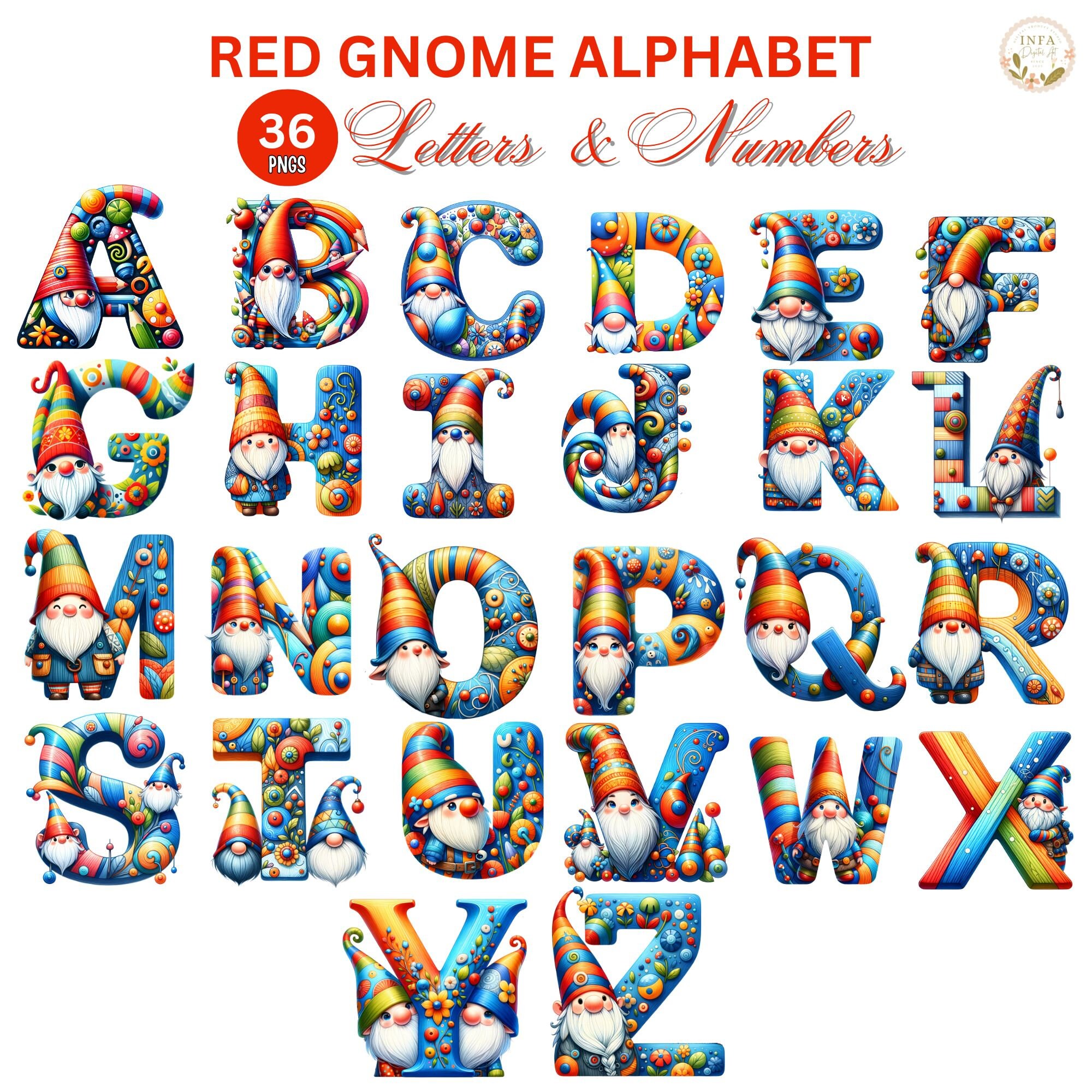 Red Gnome Alphabet and Number Watercolor Clipart, Letters & Numbers, A ...