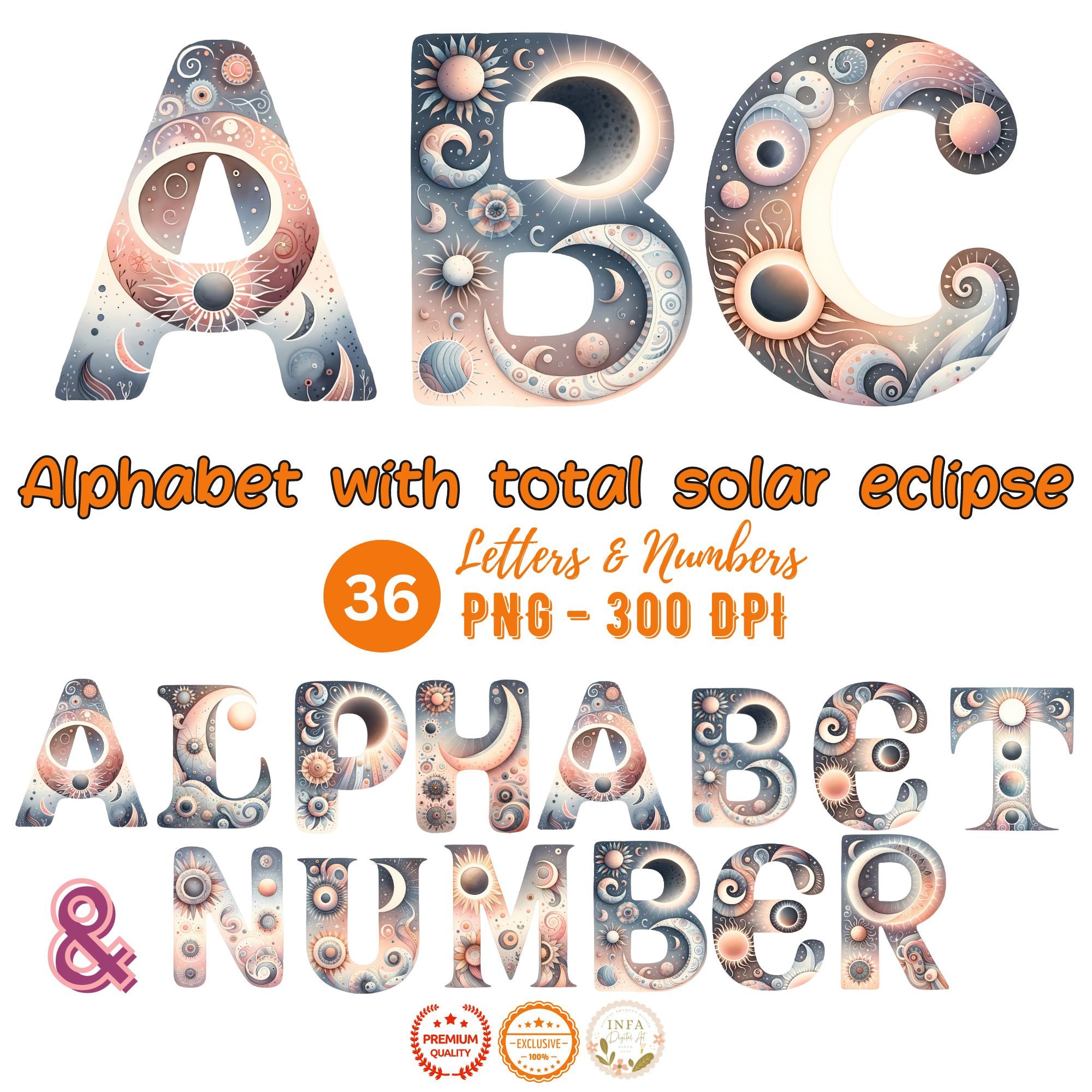 Watercolor Total Solar Eclipse Alphabet Collection Clipart, Solar ...