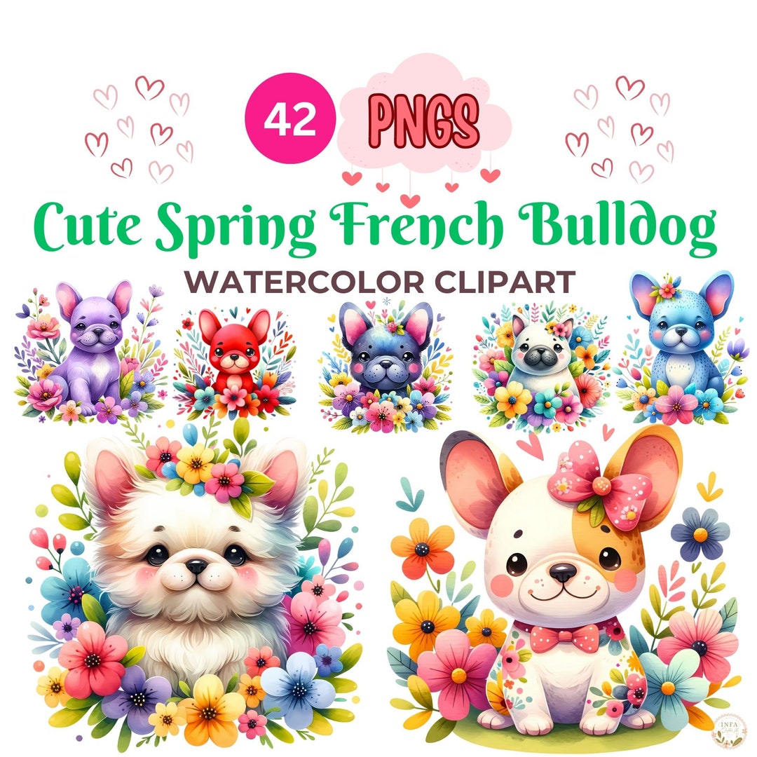 Cute Spring French Bulldog in a Watercolor Clipart-with Spring ...