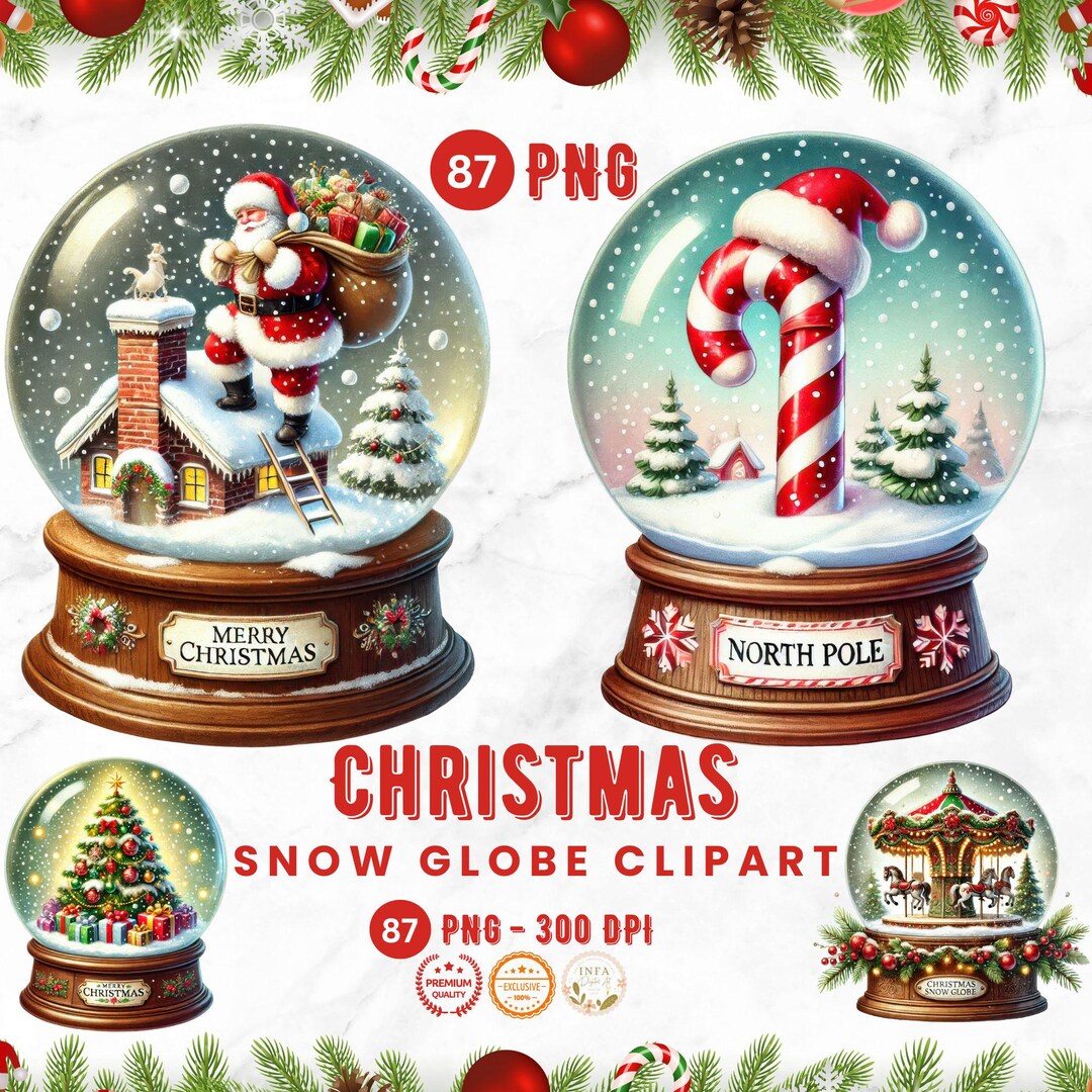 Watercolor Christmas Snow Globe Clipart: 87 PNG Scene Bundle ...