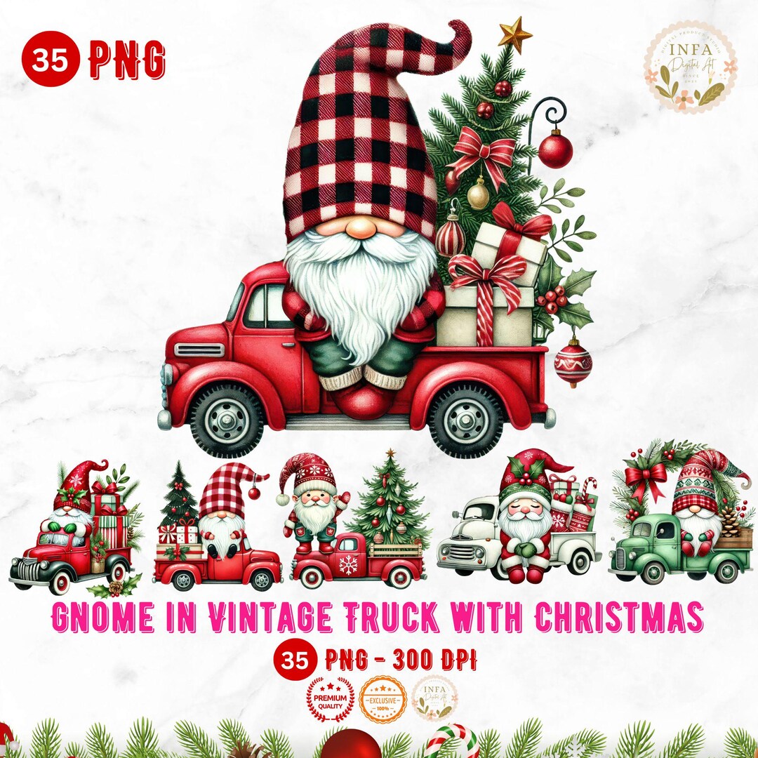 Watercolor Christmas Gnome Clipart: Vintage Truck PNG Bundle (35 PNG ...