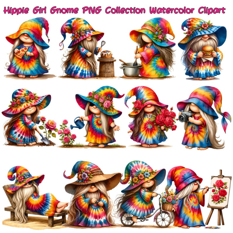 Cute Hippie Girl Gnome Watercolor Clipart, Gnome Clipart PNG, Fantasy ...