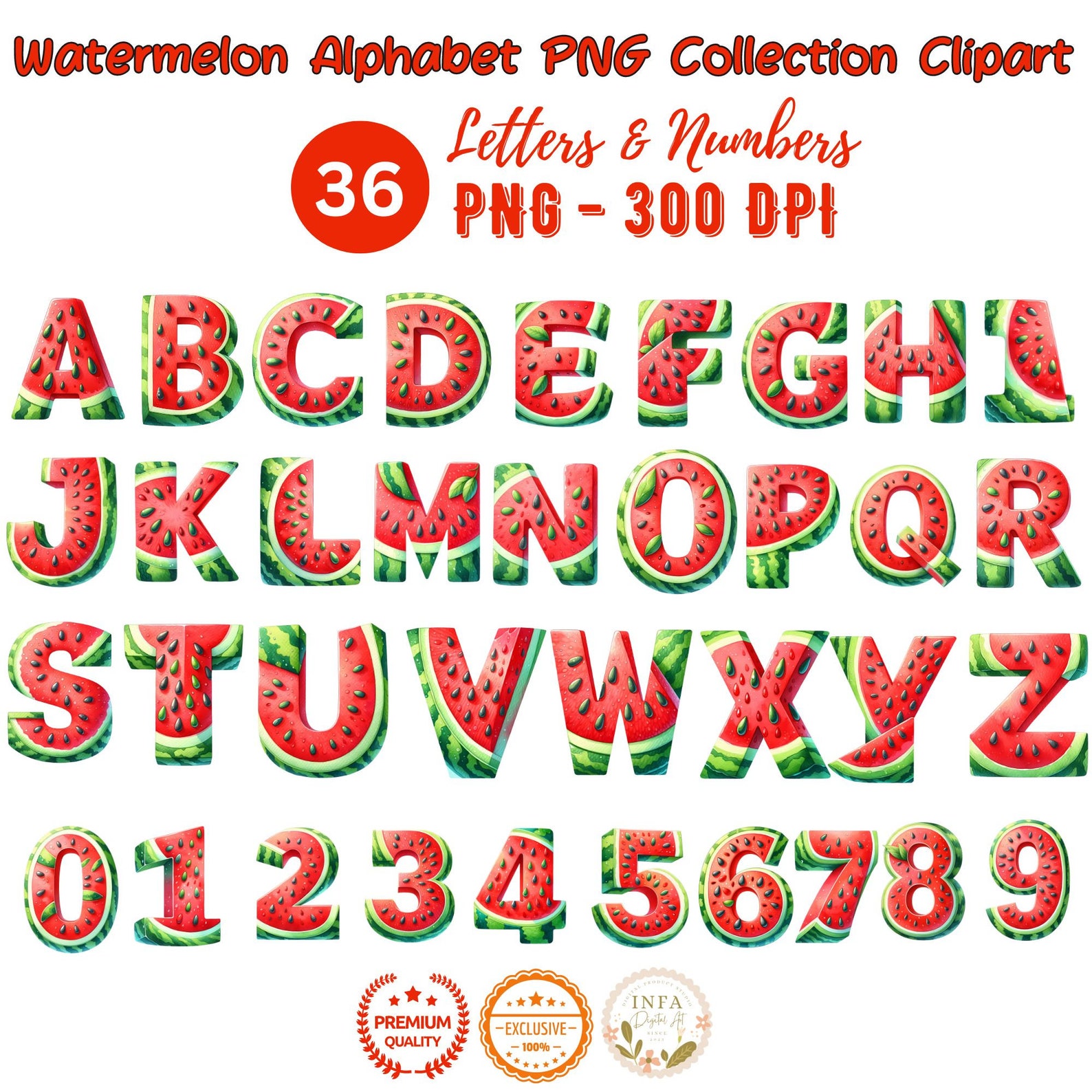 Watercolor Watermelon Alphabet Clipart: Fruits PNG, A-Z Letters, 0-9 ...