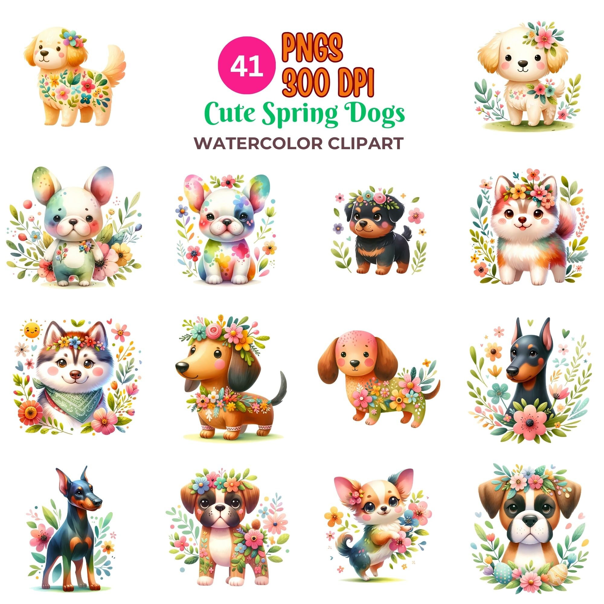 Cute Spring Dogs in a Watercolor Clipart, 41 PNG Spring Dog Clipart ...