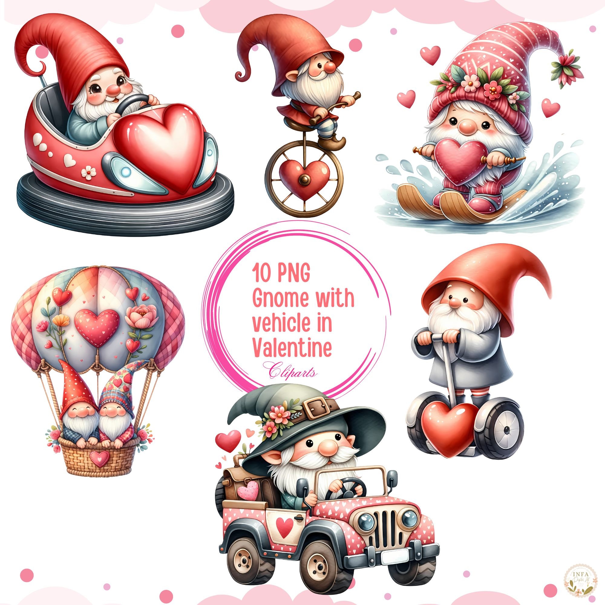 Valentine Gnomes Clipart: Watercolor Vehicle PNG Graphics (commercial ...
