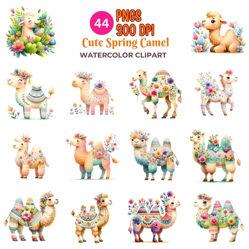 Cute Spring Camel Clipart, Camel Watercolor, Camel Clipart, Camel PNG, Adorable Camel, Camel ...
