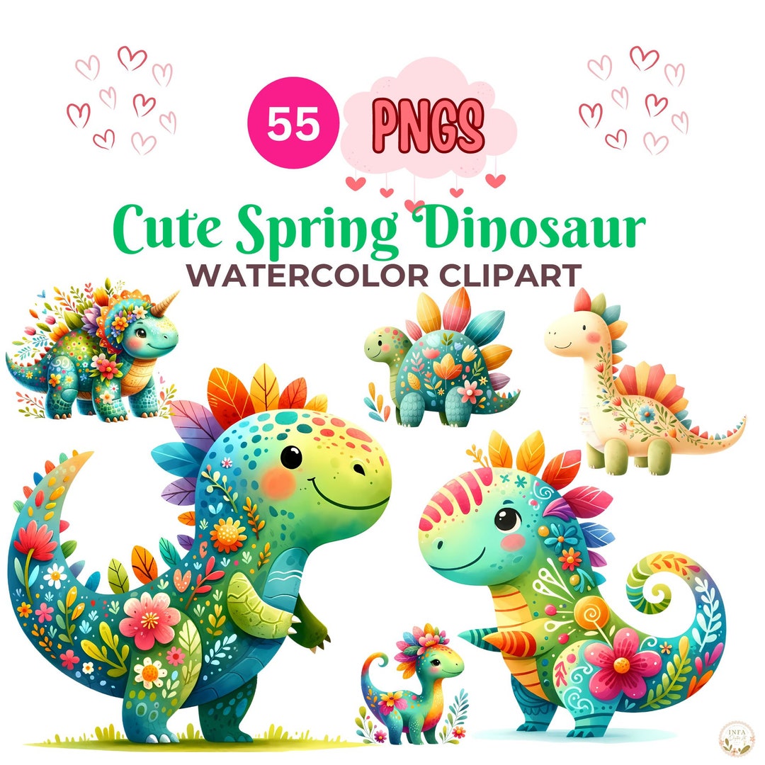 Cute Spring Dinosaur Watercolor Clipart, Dinosaur Clipart, 30 PNG ...