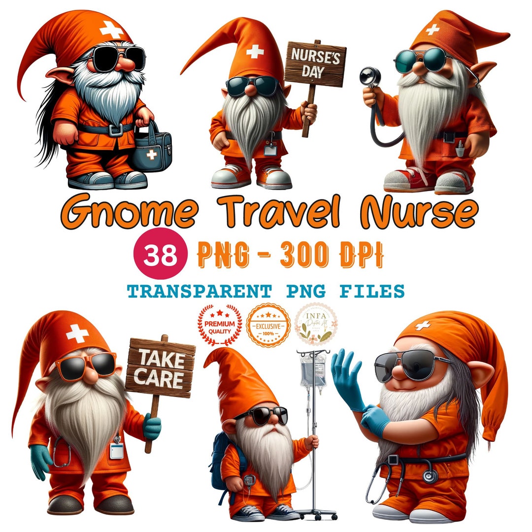 Travel Nurse Gnomes Clipart, Nurse Gnomes, Nurse Doctor Gnomes, Medical ...