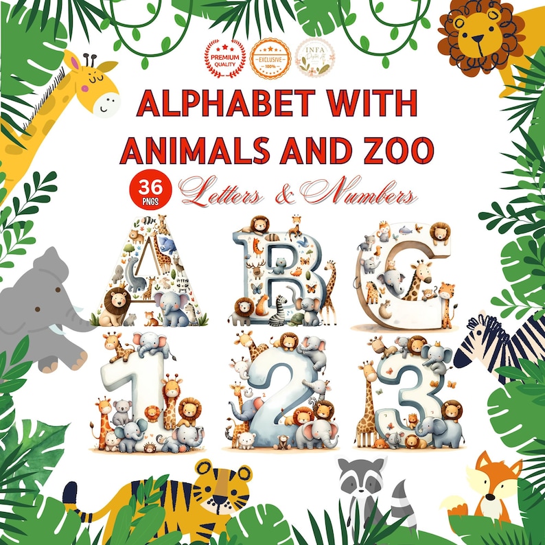 Watercolor Animal Alphabet Clipart: Zoo Letters & Numbers (PNG Digital ...