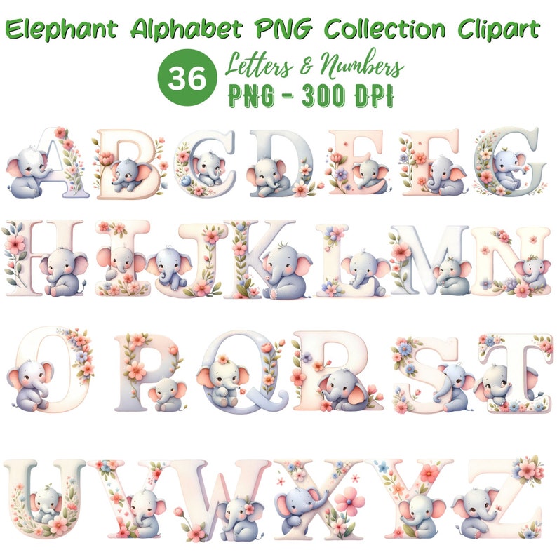 Watercolor Chubby Elephant Alphabet With a Blossom Flower Collection ...
