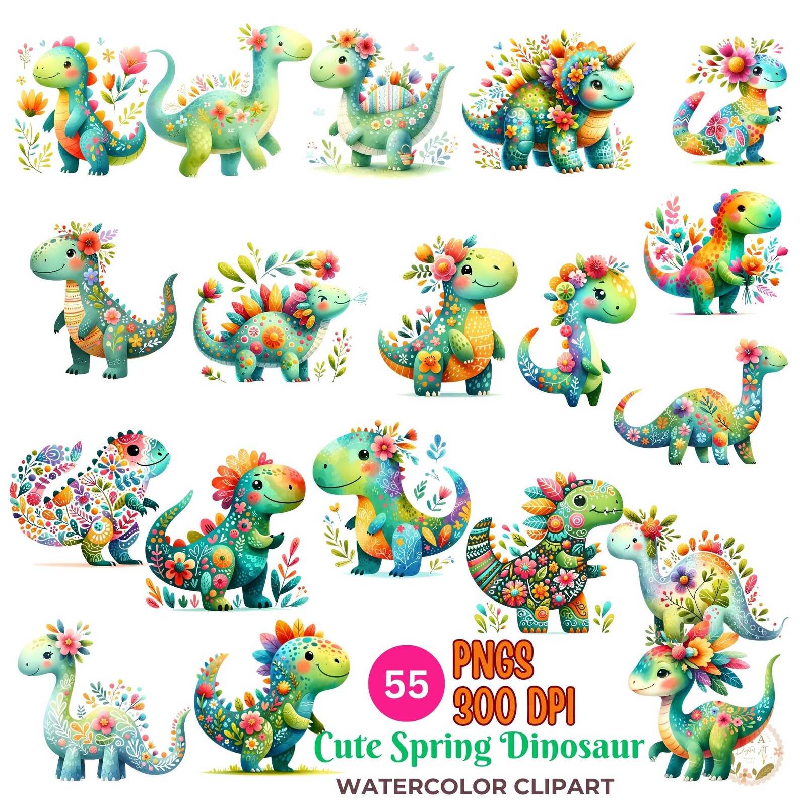 Cute Spring Dinosaur Watercolor Clipart, Dinosaur Clipart, 30 PNG ...