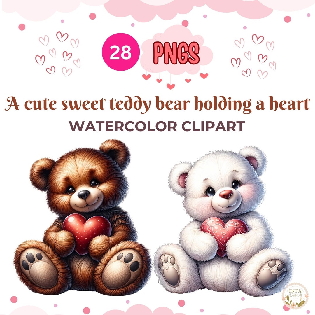 Watercolor Cute Teddy Bears Clipart Bundle, Teddy Bear Holding a Heart ...
