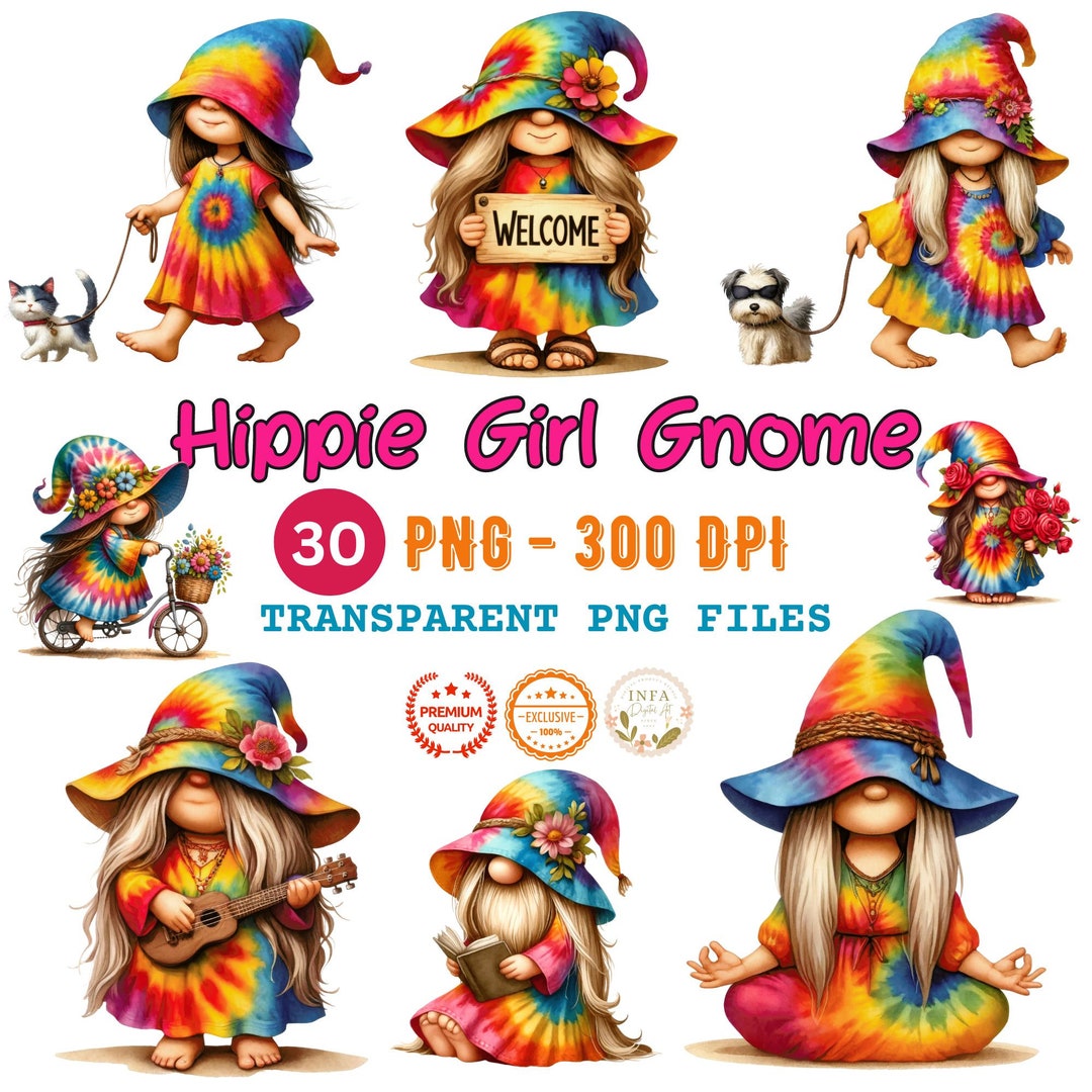 Cute Hippie Girl Gnome Watercolor Clipart, Gnome Clipart PNG, Fantasy ...