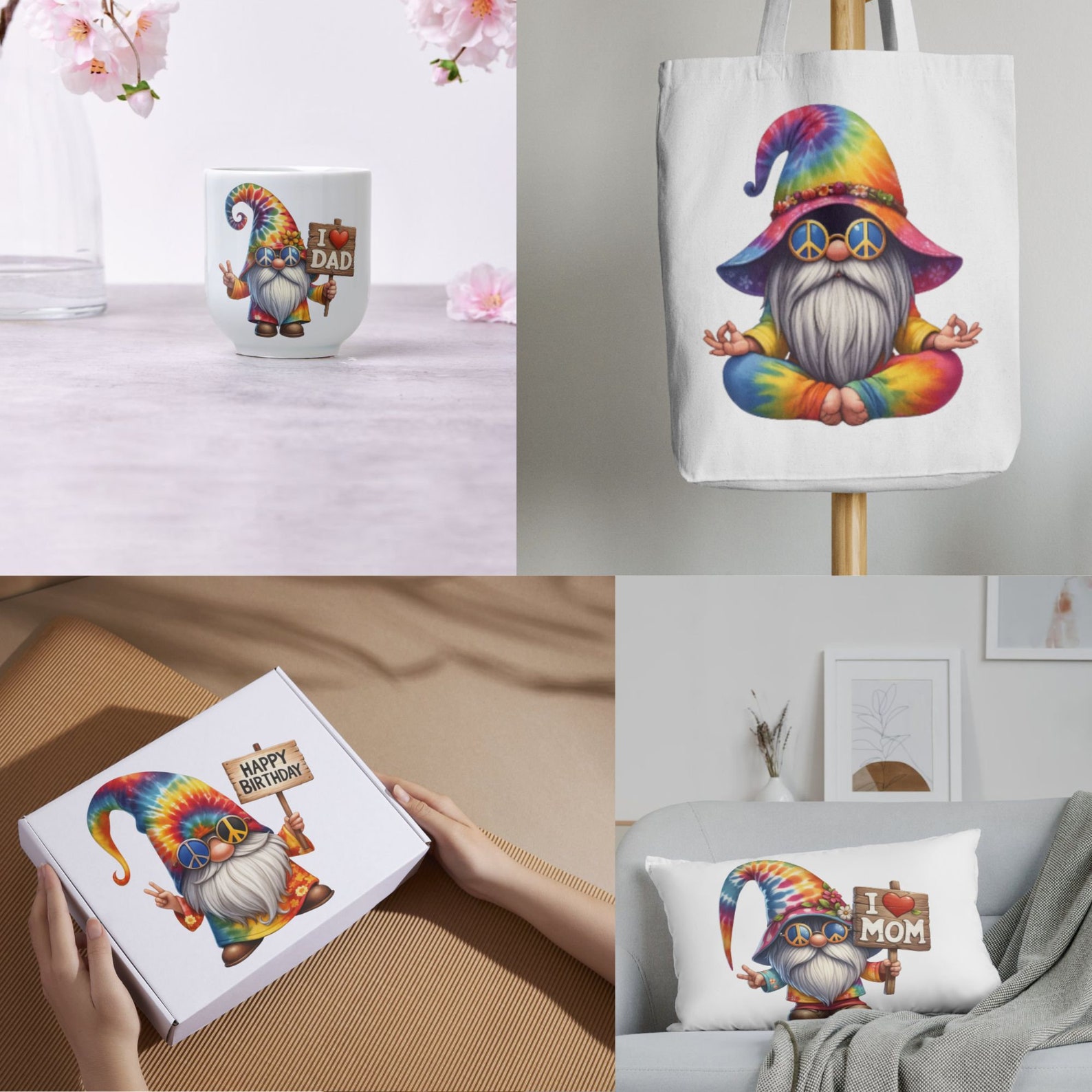 Hippie Gnome and Peace Gnome Watercolor Clipart Bundle, Hippy Gnome ...