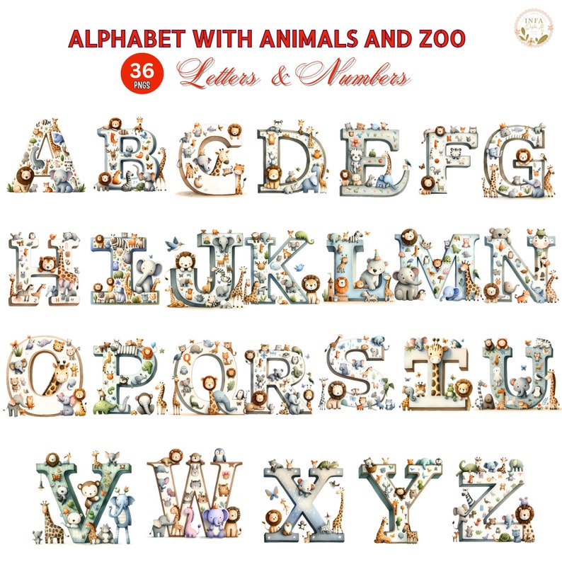 Watercolor Alphabet With Animals and Zoo Collection Clipart, Alphabet ...