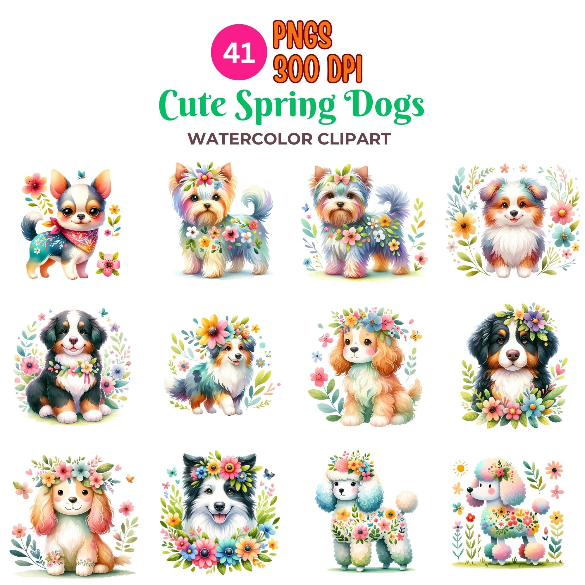 Cute Spring Dogs in a Watercolor Clipart, 41 PNG Spring Dog Clipart ...