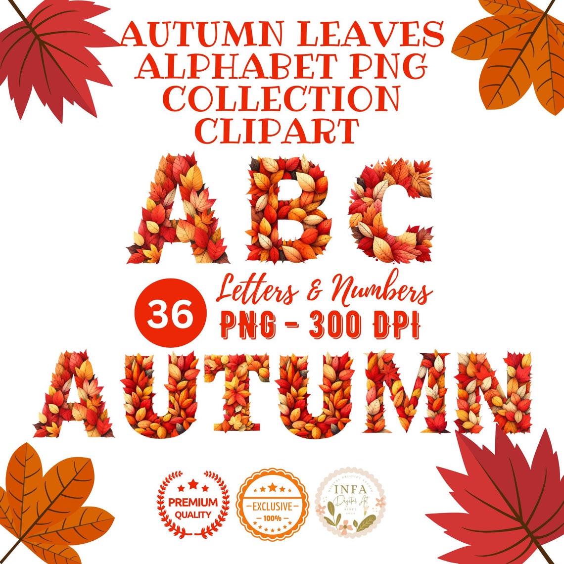 Watercolor Autumn Leaves Alphabet Clipart: PNG Font (commercial Use) - Etsy