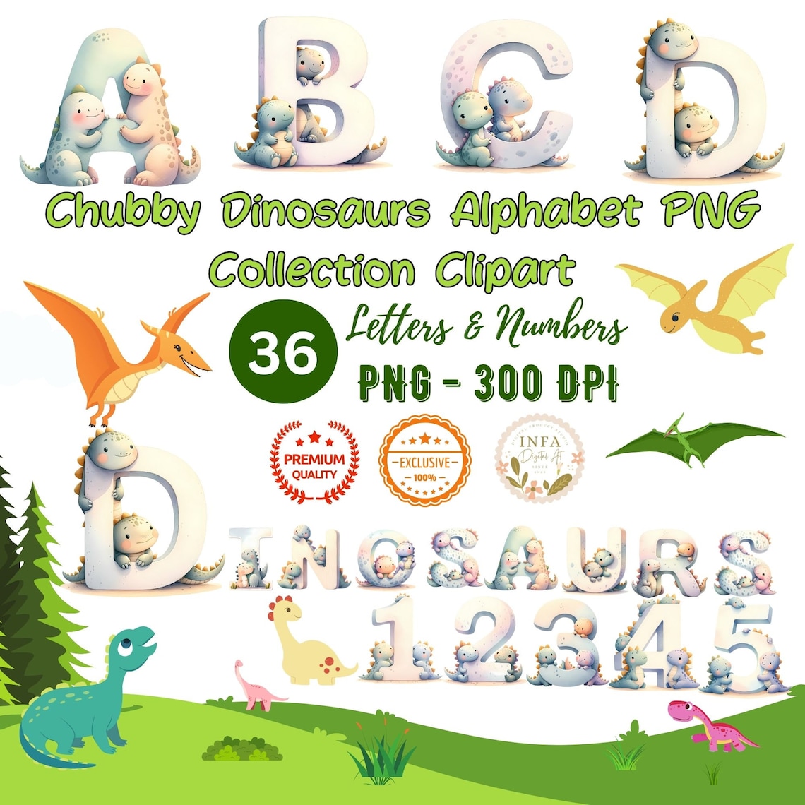 Watercolor Dinosaurs Alphabet PNG Clipart: A-Z Letters, 0-9 Numbers ...