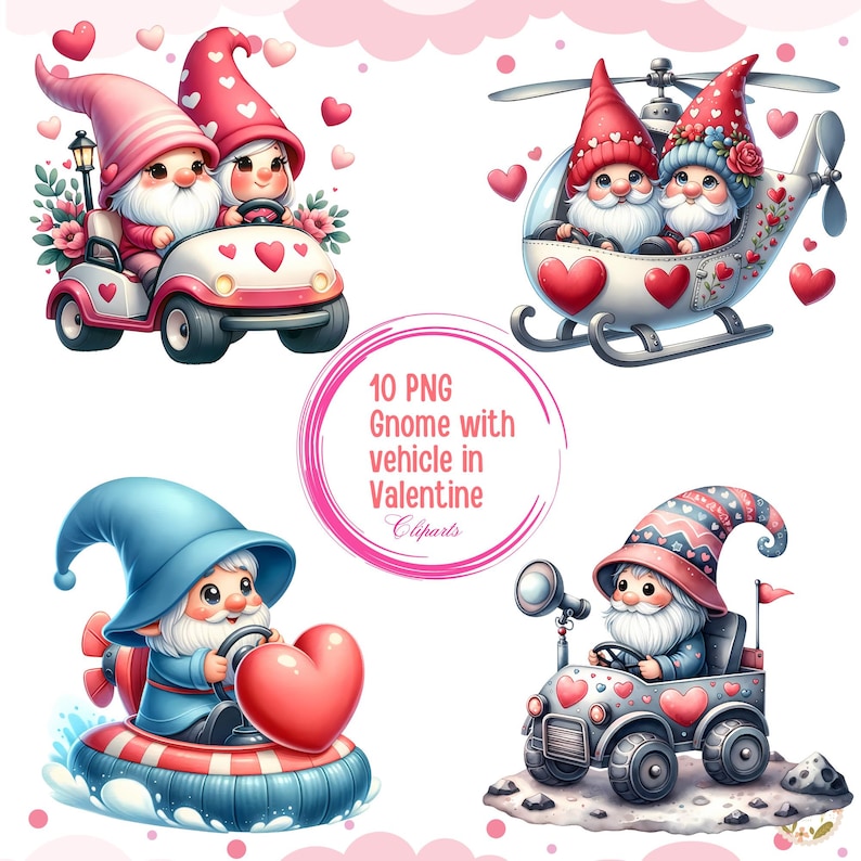 Valentine Gnomes Clipart: Watercolor Vehicle PNG Graphics (commercial ...