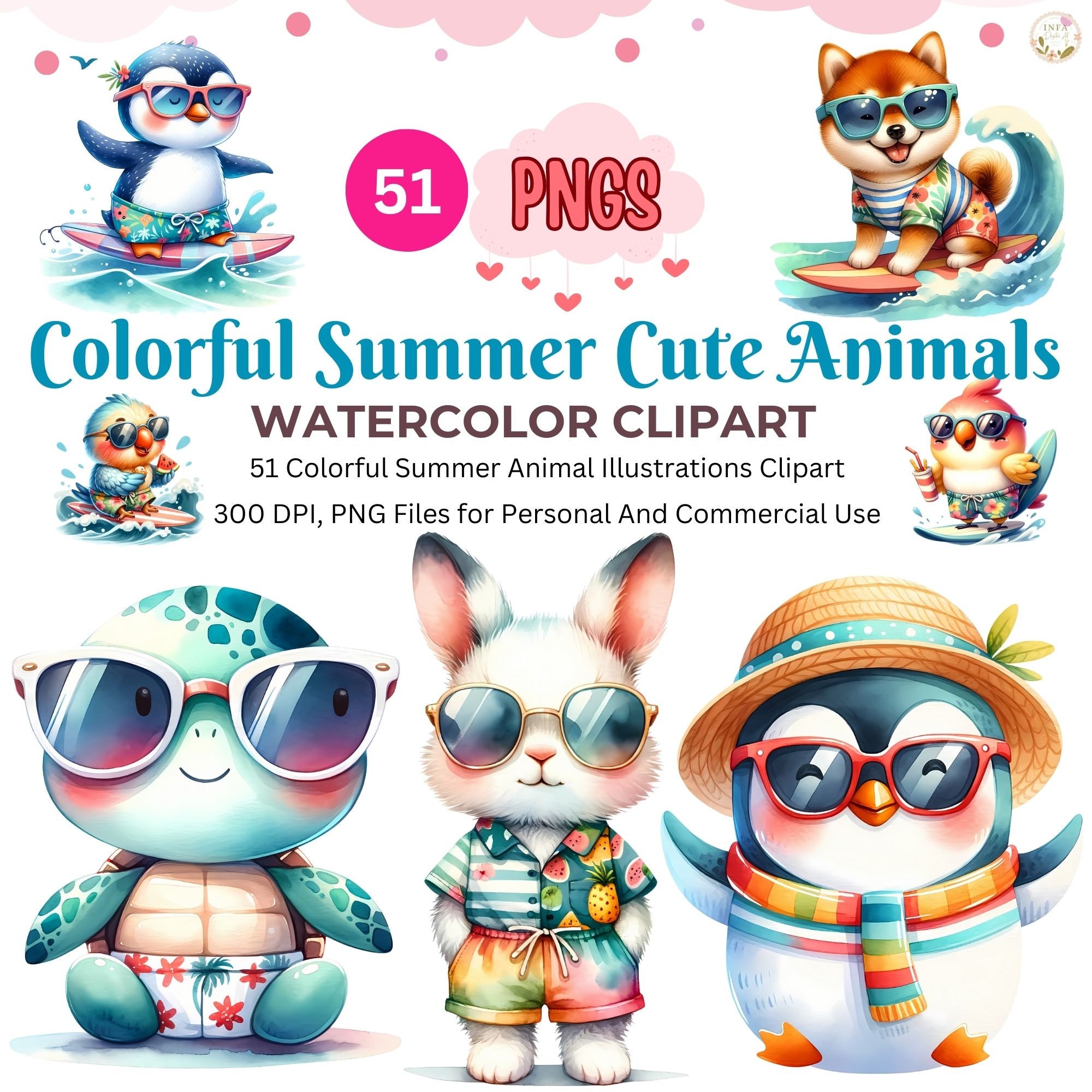 Summer Animal Clipart: Watercolor PNG Bundle, Commercial Use - Etsy