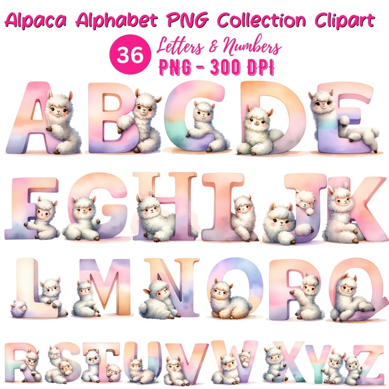 Watercolor Alpaca Alphabet Collection Clipart, Alphabet Chubby & Pastel ...