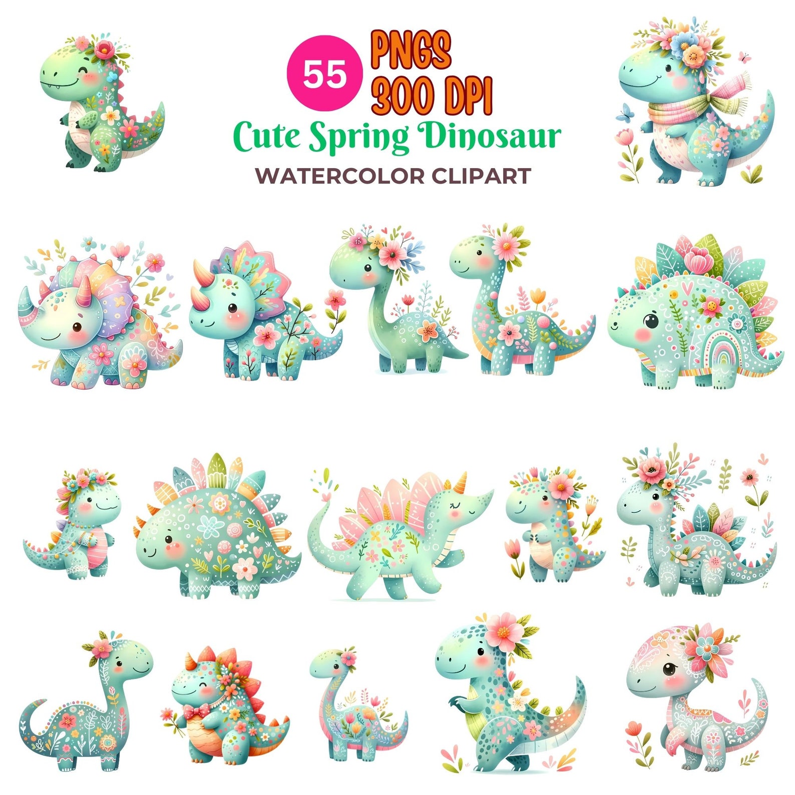 Cute Spring Dinosaur Watercolor Clipart, Dinosaur Clipart, 30 PNG ...